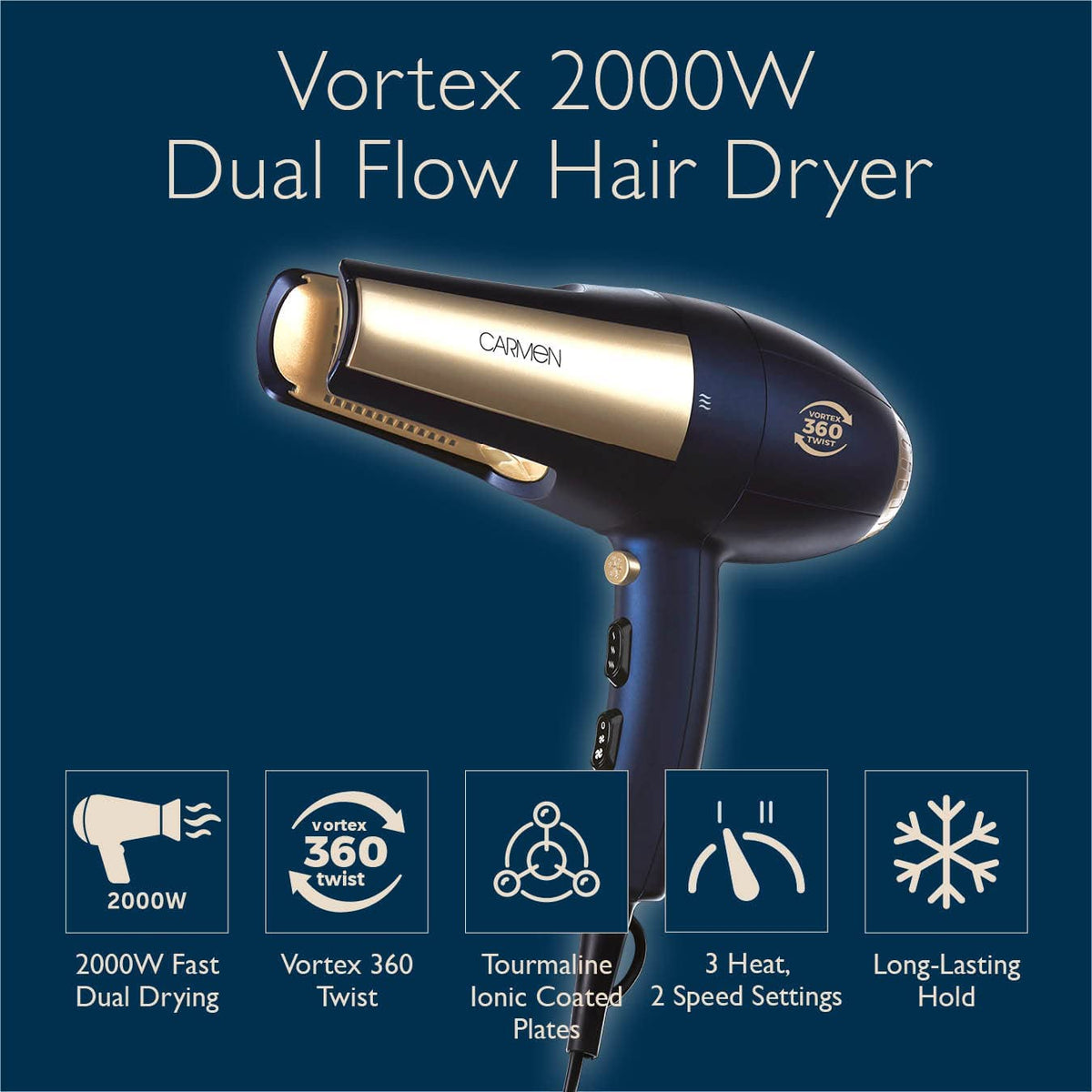 Carmen Vortex 360 Twist 2000W Hair Dryer - C81109BCBF – Kevin ...